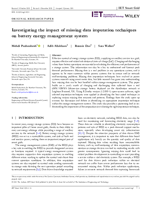 (PDF) Investigating the impact of missing data imputation techniques on battery energy ...
