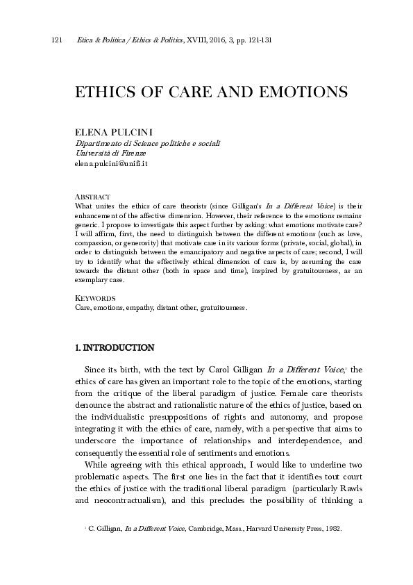 (PDF) Ethics of Care and Emotions
