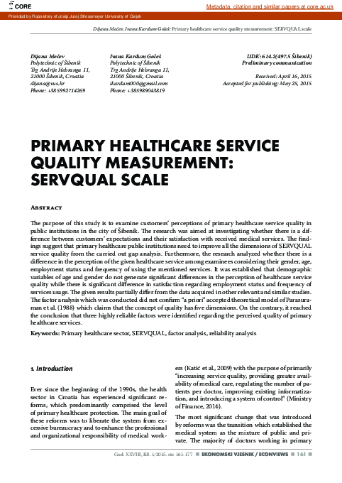 (PDF) Primary Healthcare Service Quality Measurement: Servqual Scale