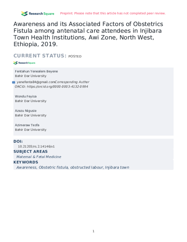 (PDF) Awareness and its Associated Factors of Obstetrics Fistula among ...