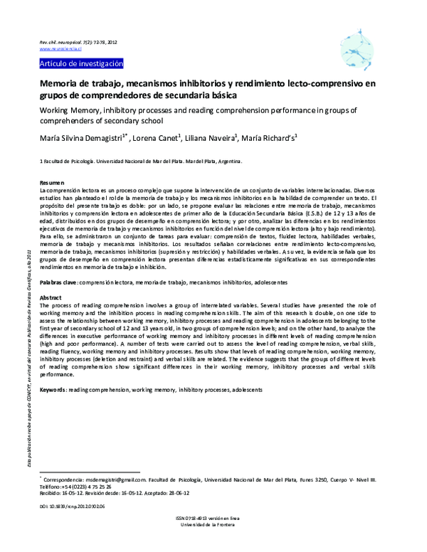 (PDF) Working Memory, inhibitory processes and reading comprehension performance in groups of ...