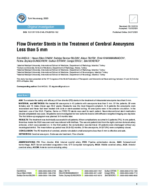 (PDF) Flow diverter stents in the treatment of cerebral aneurysms less than 5 mm | Zeki Şekerci ...