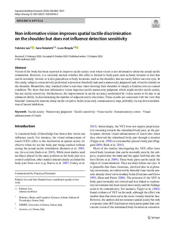 (PDF) Non-informative vision improves spatial tactile discrimination on the shoulder but does ...