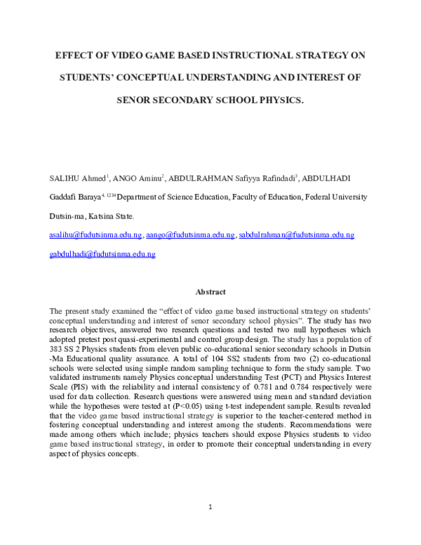 (DOC) EFFECT OF VIDEO GAME BASED INSTRUCTIONAL STRATEGY ON STUDENTS' CONCEPTUAL UNDERSTANDING ...