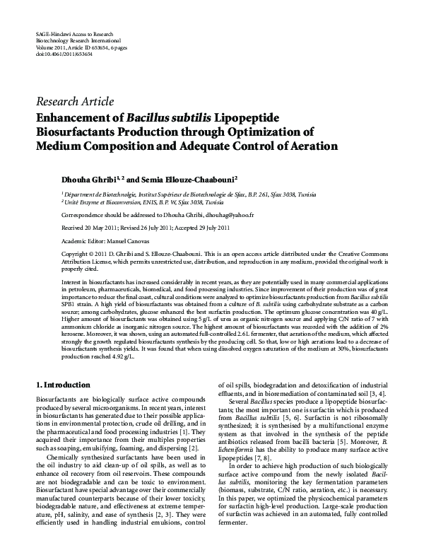 Pdf Enhancement Of Bacillus Subtilis Lipopeptide Biosurfactants Production Through
