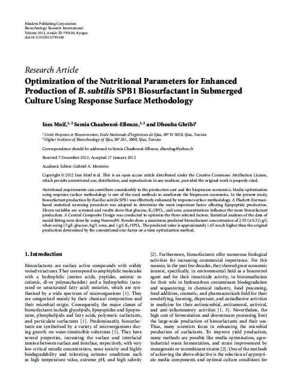 (PDF) Optimization of the Nutritional Parameters for Enhanced Production of B. subtilis SPB1 ...