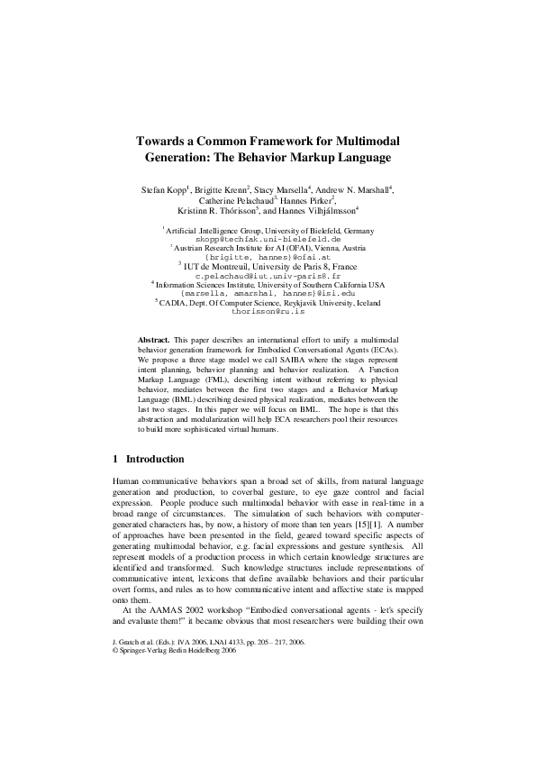 (PDF) Towards a Common Framework for Multimodal Generation: The Behavior Markup Language ...