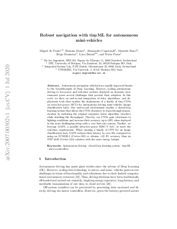 Pdf Robust Navigation With Tinyml For Autonomous Mini Vehicles Serge Monnerat 