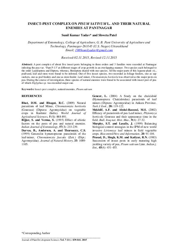 (PDF) Insect-Pest Complex on Pisum Sativum L. And Their Natural Enemies ...