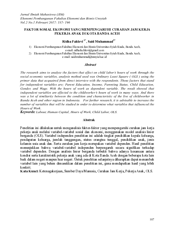 (PDF) Faktor Sosial Ekonomi Yang Mempengaruhi Curahan Jam Kerja Pekerja Anak DI Kota Banda Aceh ...