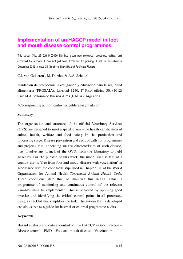 (PDF) Implementation of an HACCP model in foot and mouth disease ...