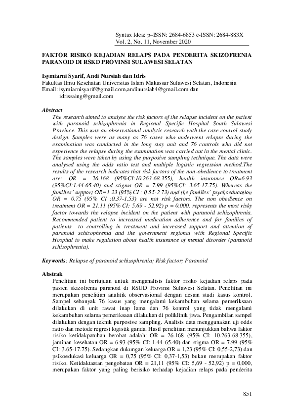 (PDF) Faktor Risiko Kejadian Relaps pada Penderita Skizofrenia Paranoid di RSKD Provinsi ...