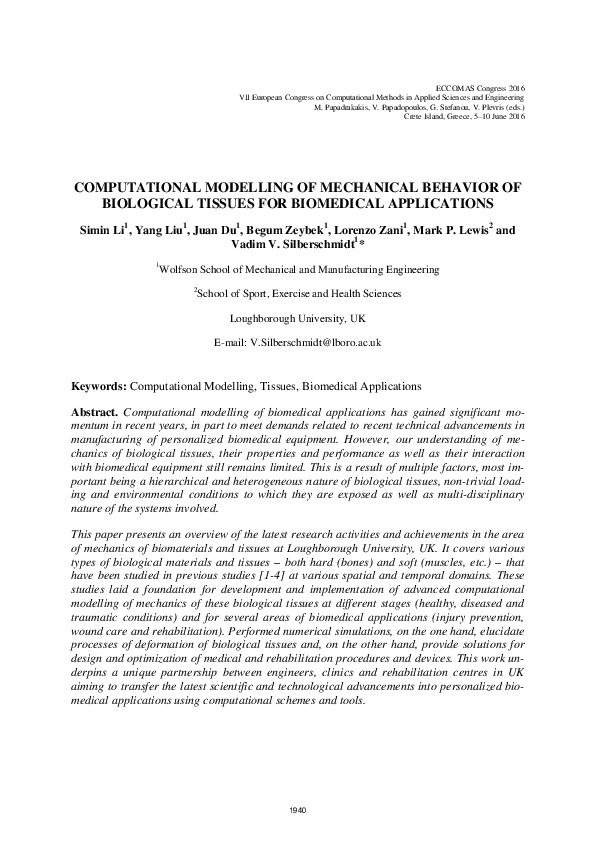 (PDF) Computational Modelling of Mechanical Behavior of Biological Tissues for Biomedical ...