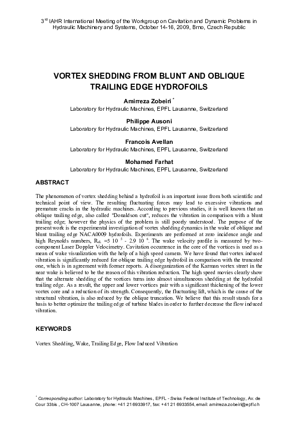(PDF) Vortex shedding from blunt and oblique trailing edge hydrofoils