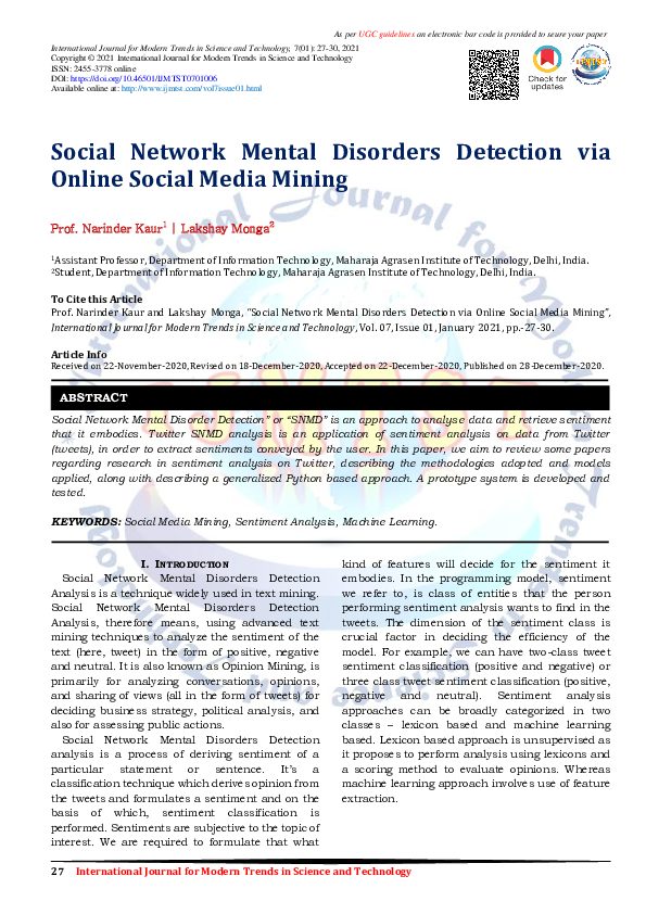 (PDF) Social Network Mental Disorders Detection via Online Social Media Mining