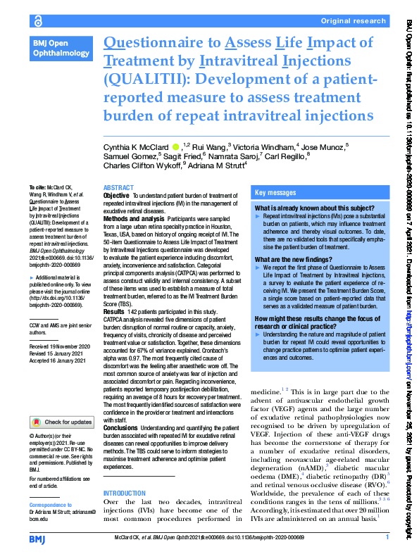 (PDF) Questionnaire to Assess Life Impact of Treatment by Intravitreal Injections (QUALITII ...