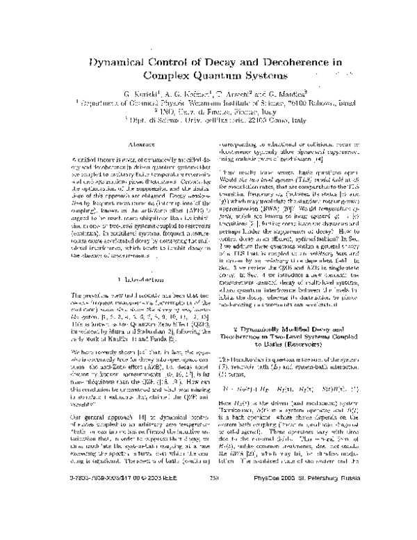 (PDF) Dynamical control of decay and decoherence in complex quantum systems