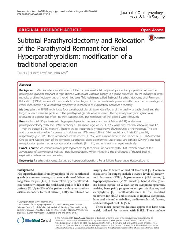 (PDF) Subtotal Parathyroidectomy and Relocation of the Parathyroid ...