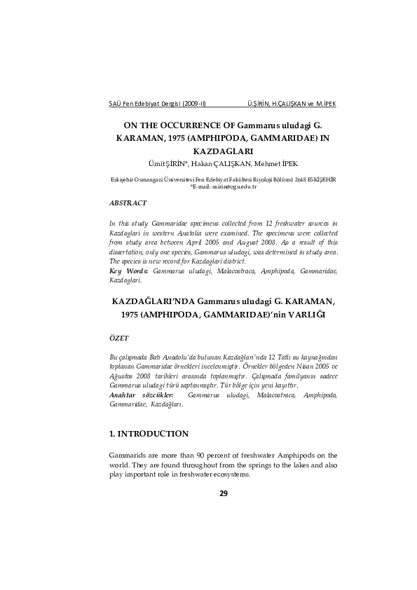 (PDF) On The Occurrence Of Gammarus uludagi G. Karaman, 1975 (Amphipoda ...