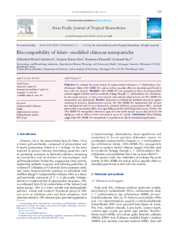 (PDF) Biocompatibility of folate–modified chitosan nanoparticles