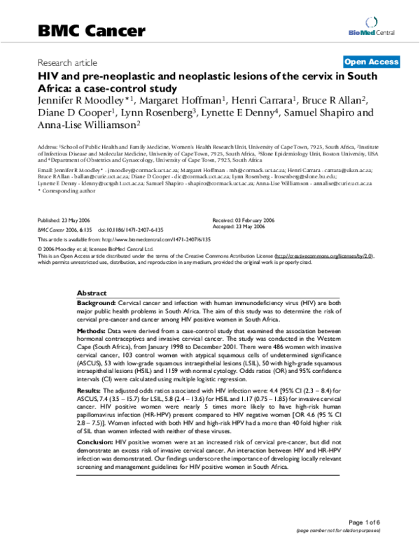 (PDF) HIV and pre-neoplastic and neoplastic lesions of the cervix in ...