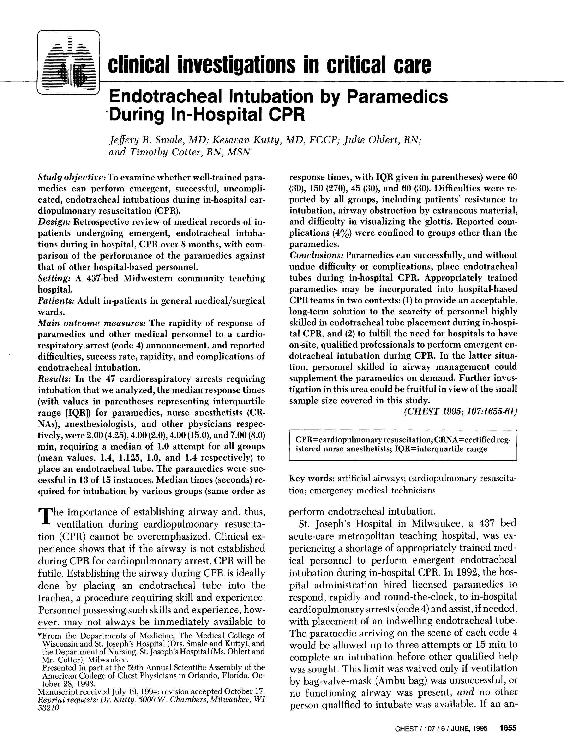 (PDF) Endotracheal Intubation by Paramedics During In-Hospital CPR