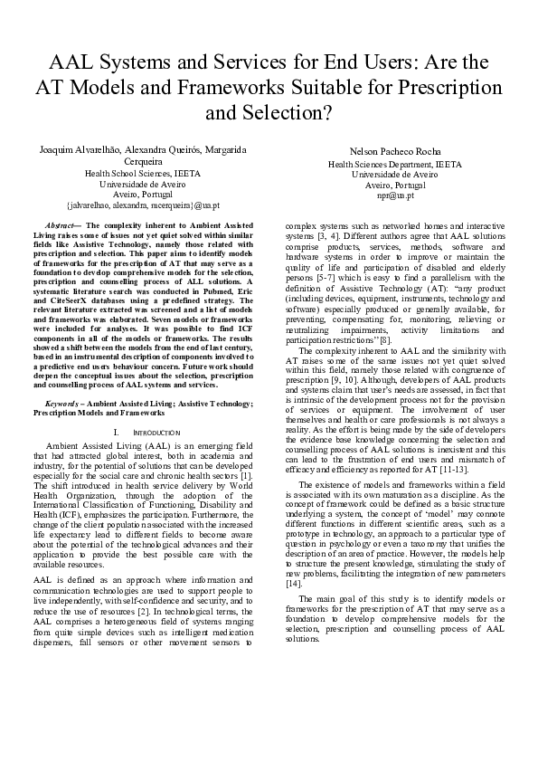 (PDF) AAL systems and services for end users: Are the AT models and frameworks suitable for ...