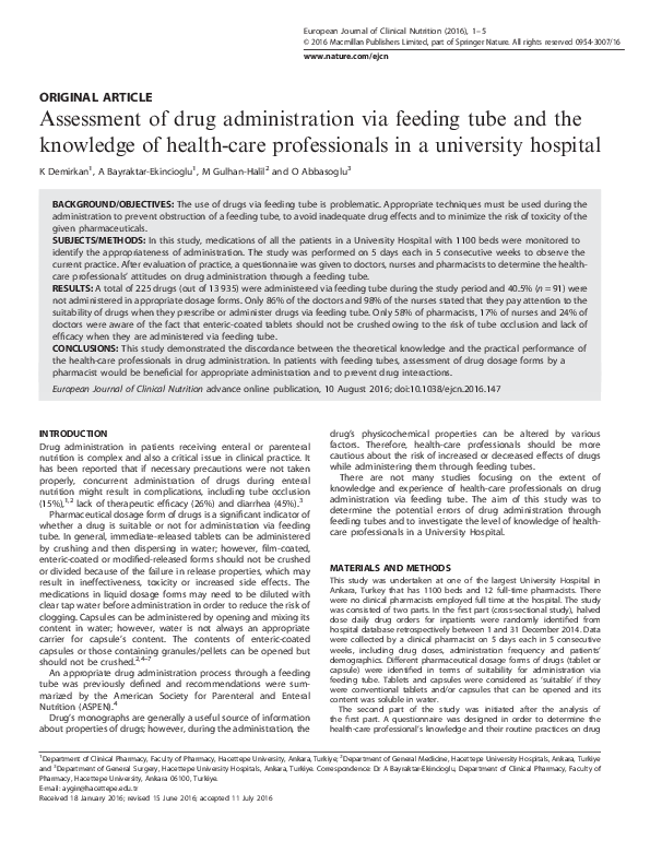 (PDF) Assessment of drug administration via feeding tube and the ...