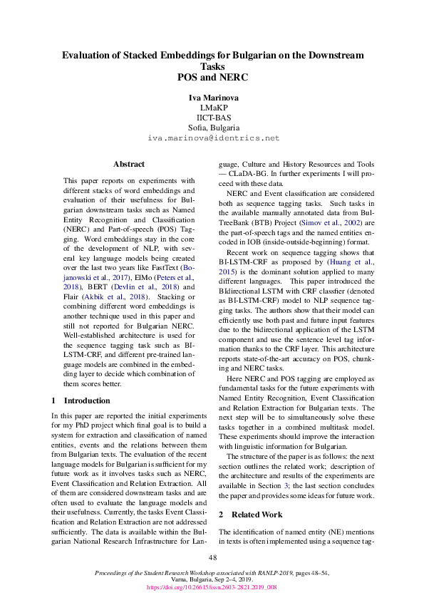 (PDF) Evaluation of Stacked Embeddings for Bulgarian on the Downstream Tasks POS and NERC