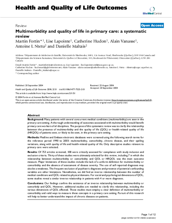 (PDF) Multimorbidity and quality of life in primary care: a systematic review