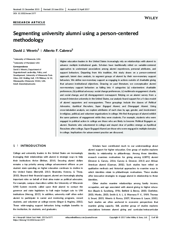 Pdf Segmenting University Alumni Using A Person Centered Methodology