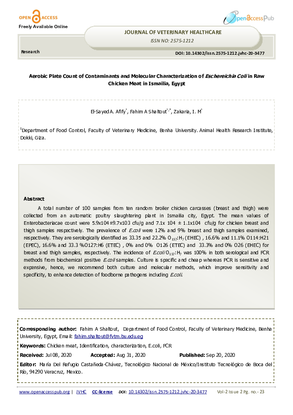 (PDF) Molecular Characterization and Contamination of E. coli in Chicken