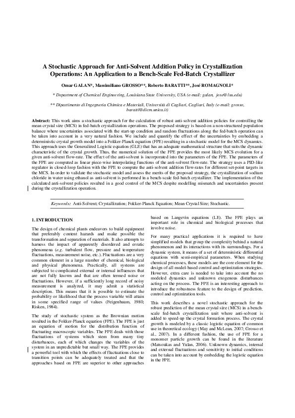 (PDF) A stochastic approach for anti-solvent addition policy in crystallization operations: An ...