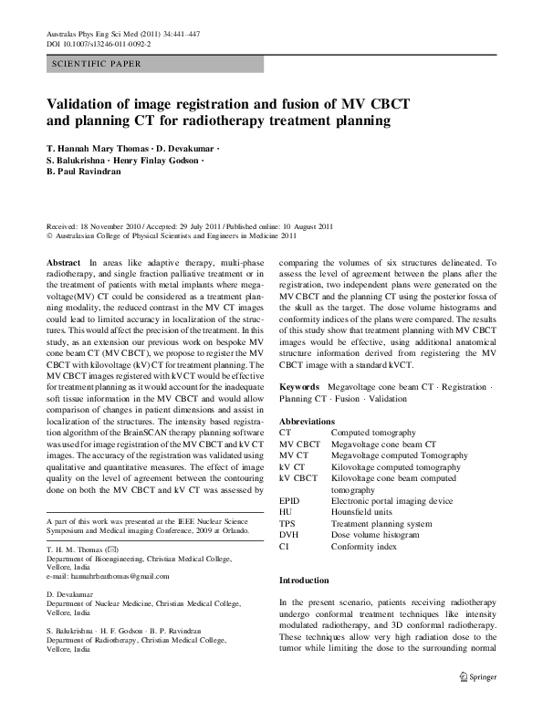 (PDF) Validation of image registration and fusion of MV CBCT and ...