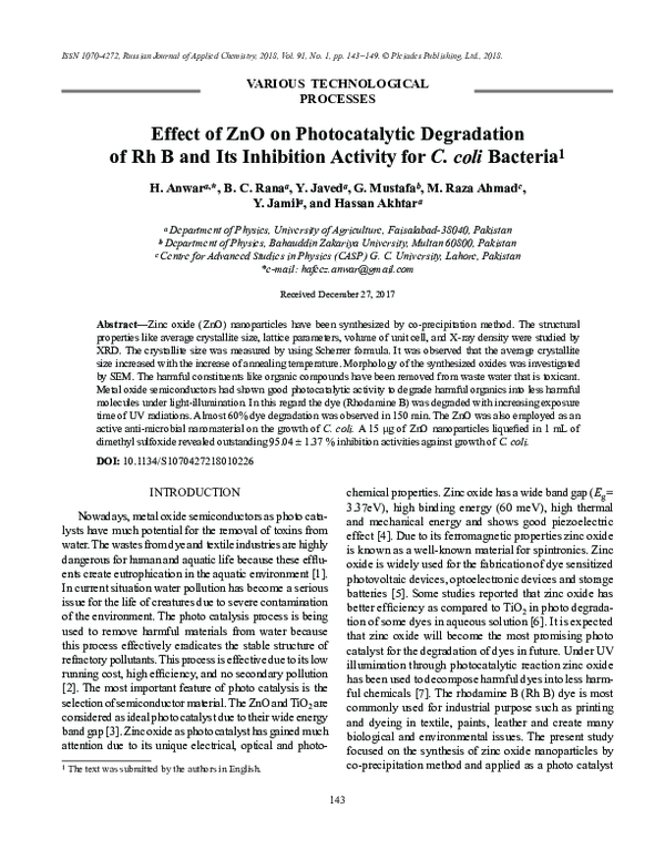 (PDF) Effect of ZnO on Photocatalytic Degradation of Rh B and Its Inhibition Activity for C ...