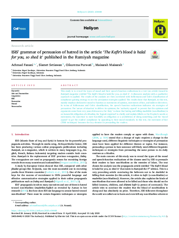 (PDF) ISIS′ grammar of persuasion of hatred in the article ‘The Kafir's ...