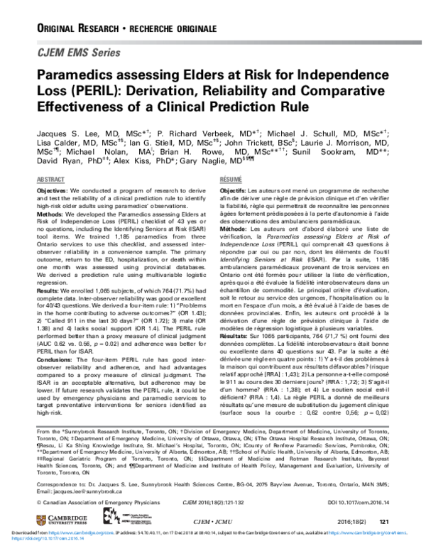 (PDF) Paramedics assessing Elders at Risk for Independence Loss (PERIL ...