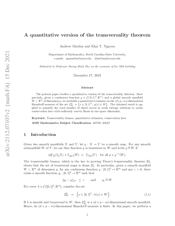 (PDF) A quantitative version of the transversality theorem