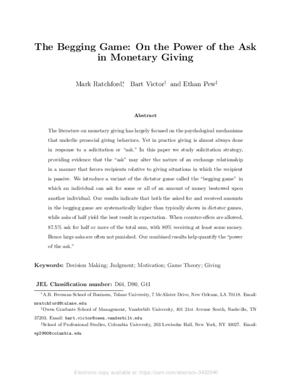 (PDF) The Begging Game: On the Power of the Ask in Monetary Giving