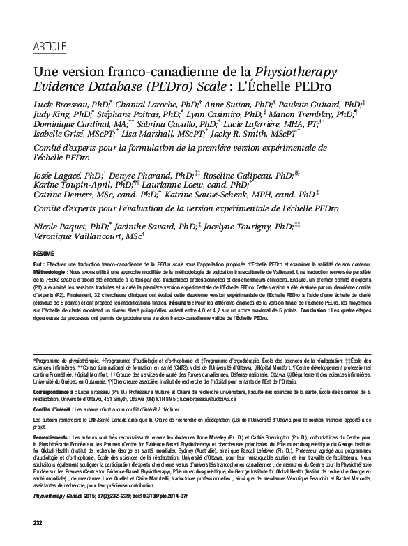 (PDF) Une version franco-canadienne de la Physiotherapy Evidence Database (PEDro) Scale : L ...