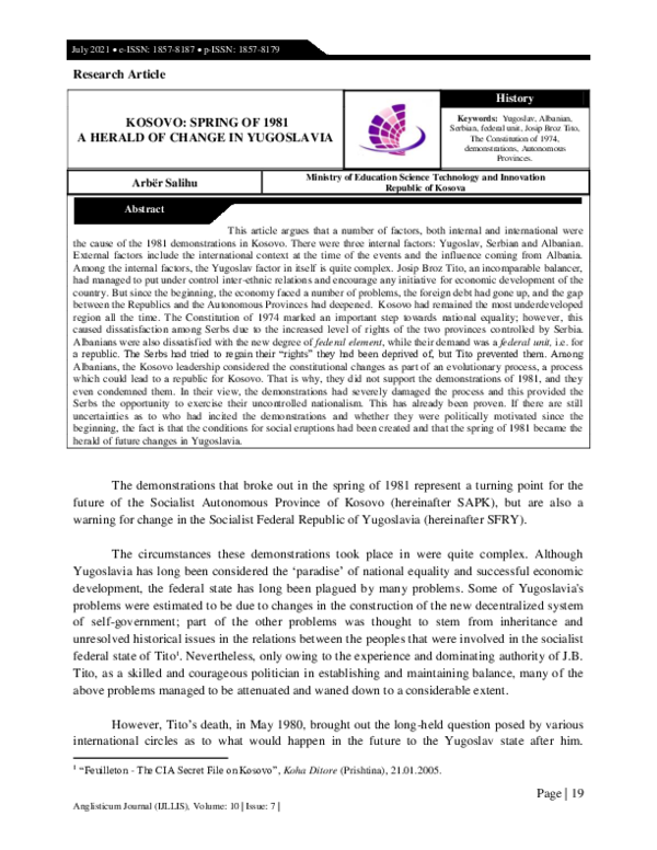 (PDF) Kosovo: Spring of 1981 a Herald of Change in Yugoslavia