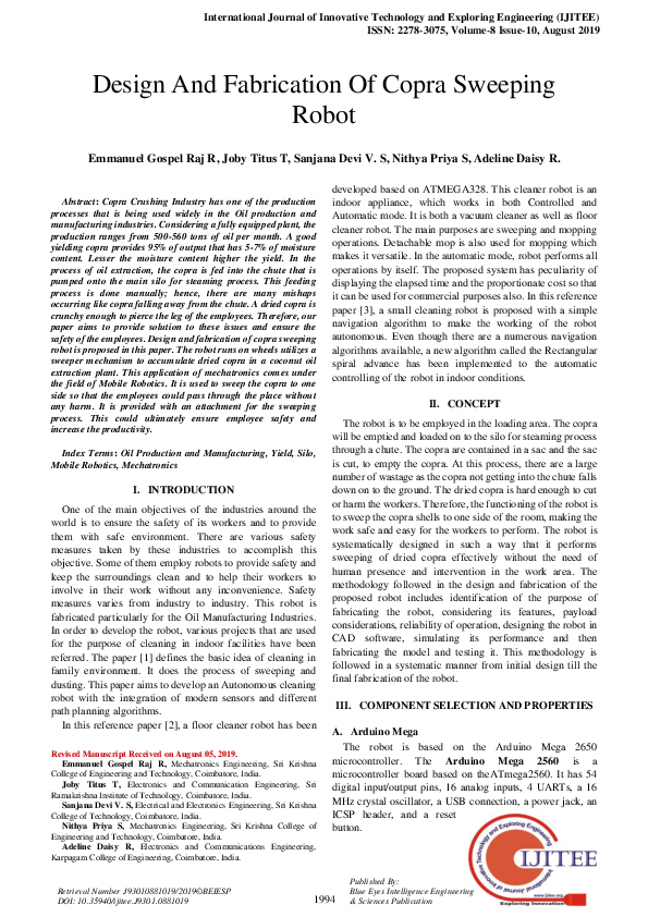 (PDF) Design And Fabrication Of Copra Sweeping Robot | Emmanuel Gospel ...
