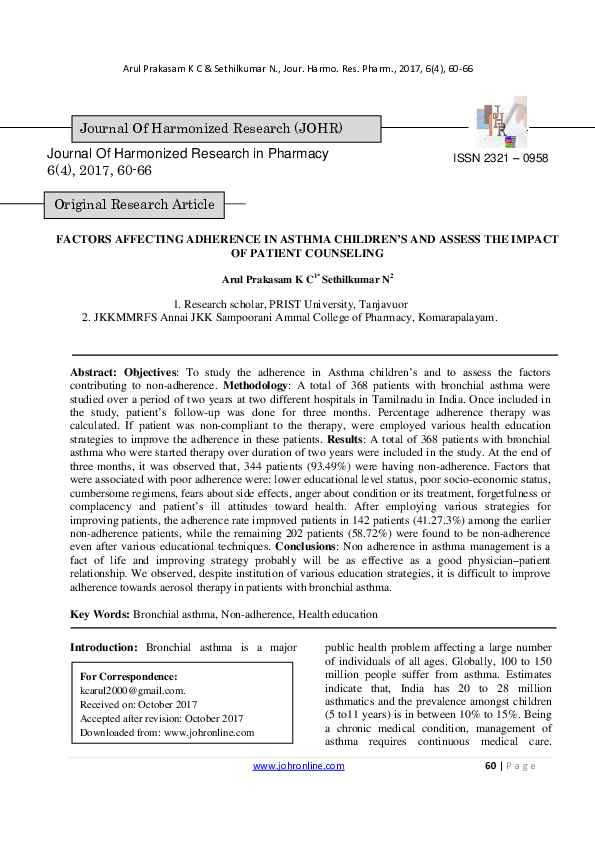 (PDF) Factors Affecting Adherence in Asthma Children's and Assess the ...