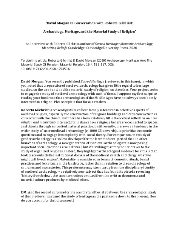 (PDF) 'David Morgan In Conversation with Roberta Gilchrist: Archaeology ...