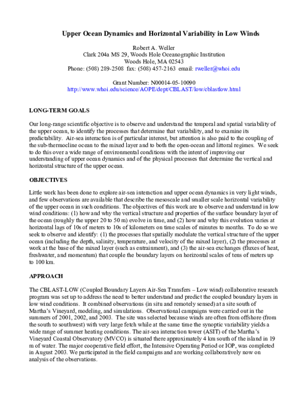 (PDF) Upper Ocean Dynamics and Horizontal Variability in Low Winds | Robert Weller - Academia.edu