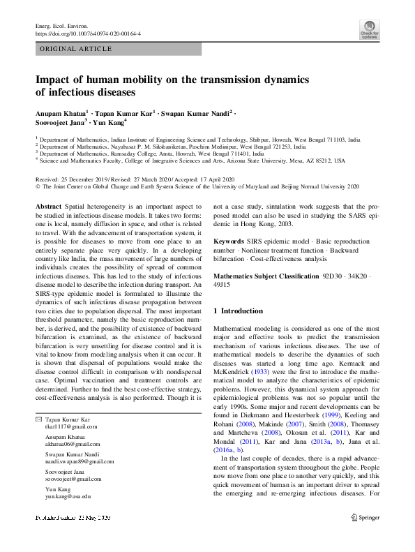 Pdf Impact Of Human Mobility On The Transmission Dynamics Of Infectious Diseases