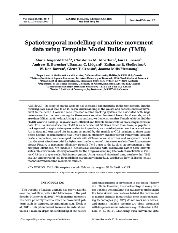 (PDF) Spatiotemporal modelling of marine movement data using Template Model Builder (TMB)