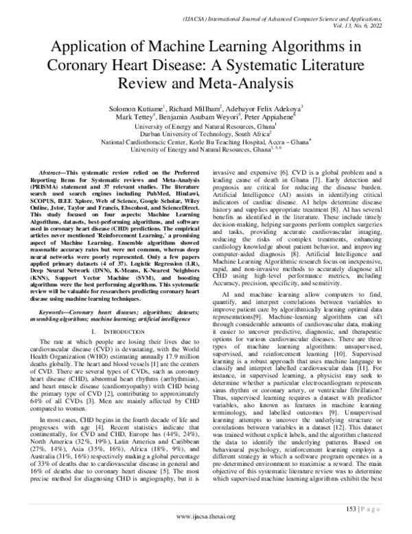 (PDF) Application of Machine Learning Algorithms in Coronary Heart Disease: A Systematic ...