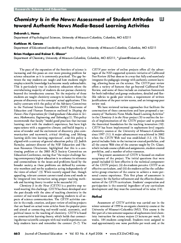 (PDF) Chemistry Is in the News: Assessment of Student Attitudes toward ...