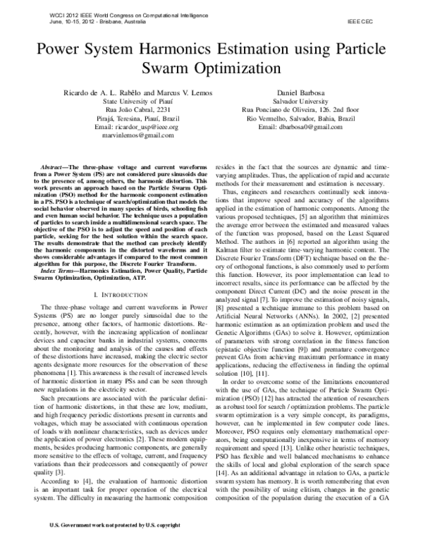 (PDF) Power system harmonics estimation using Particle Swarm Optimization
